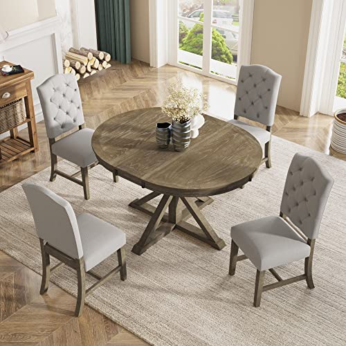 P PURLOVE Retro Style 5-Piece Round Dining Table Set for 4,Round Extendable Table with 4 Upholstered Chairs for 4,Dining Room Table Set for Dining Room,Living Room