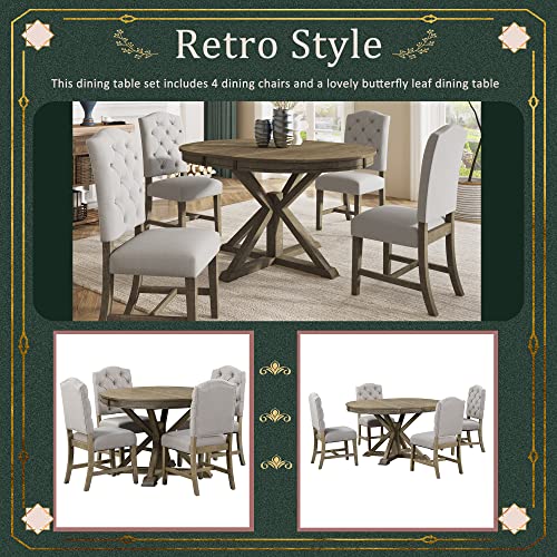 P PURLOVE Retro Style 5-Piece Round Dining Table Set for 4,Round Extendable Table with 4 Upholstered Chairs for 4,Dining Room Table Set for Dining Room,Living Room