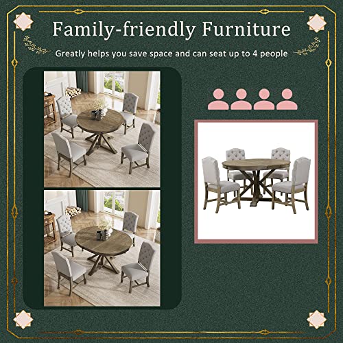 P PURLOVE Retro Style 5-Piece Round Dining Table Set for 4,Round Extendable Table with 4 Upholstered Chairs for 4,Dining Room Table Set for Dining Room,Living Room