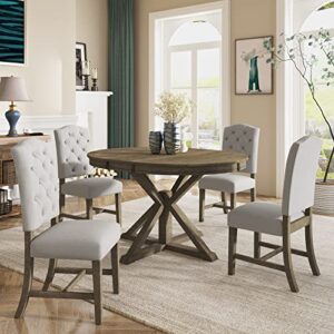 P PURLOVE Retro Style 5-Piece Round Dining Table Set for 4,Round Extendable Table with 4 Upholstered Chairs for 4,Dining Room Table Set for Dining Room,Living Room