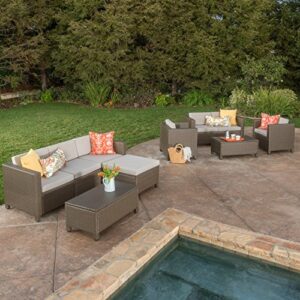 Christopher Knight Home Puerta Outdoor Wicker Sofa Set, 9-Pcs Set, Brown / Ceramic Grey