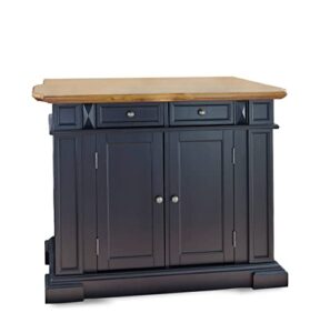 homestyles americana kitchen island with wood top and drop leaf breakfast bar, storage with drawers and adjustable shelves, 50 inch width, black and oak