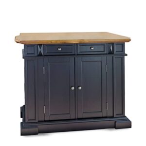 homestyles Americana Kitchen Island with Wood Top and Drop Leaf Breakfast Bar, Storage with Drawers and Adjustable Shelves, 50 Inch Width, Black and Oak