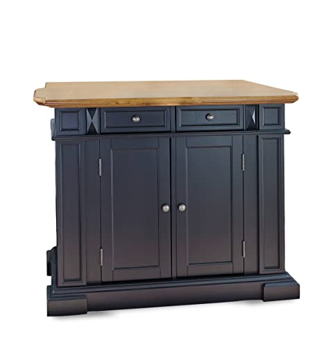 homestyles Americana Kitchen Island with Wood Top and Drop Leaf Breakfast Bar, Storage with Drawers and Adjustable Shelves, 50 Inch Width, Black and Oak