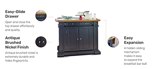 homestyles Americana Kitchen Island with Wood Top and Drop Leaf Breakfast Bar, Storage with Drawers and Adjustable Shelves, 50 Inch Width, Black and Oak