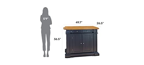 homestyles Americana Kitchen Island with Wood Top and Drop Leaf Breakfast Bar, Storage with Drawers and Adjustable Shelves, 50 Inch Width, Black and Oak