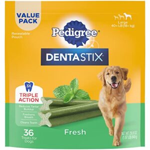 pedigree dentastix dental dog treats for large dogs fresh flavor dental bones, 1.87 lb. value pack (36 treats)