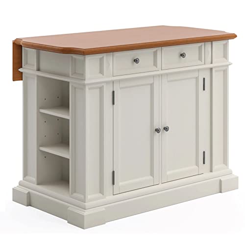 Homestyles Americana Kitchen Island with Wood Top and Drop Leaf Breakfast Bar, Storage with Drawers and Adjustable Shelves, 50 Inch Width, 49.75 inches, White and Oak