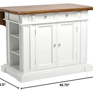 Homestyles Americana Kitchen Island with Wood Top and Drop Leaf Breakfast Bar, Storage with Drawers and Adjustable Shelves, 50 Inch Width, 49.75 inches, White and Oak