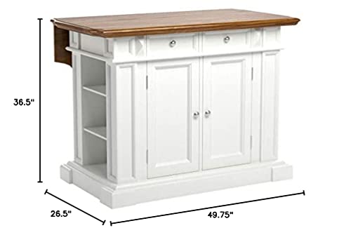 Homestyles Americana Kitchen Island with Wood Top and Drop Leaf Breakfast Bar, Storage with Drawers and Adjustable Shelves, 50 Inch Width, 49.75 inches, White and Oak