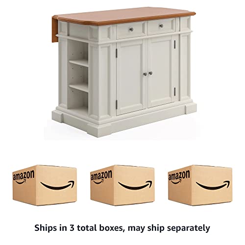 Homestyles Americana Kitchen Island with Wood Top and Drop Leaf Breakfast Bar, Storage with Drawers and Adjustable Shelves, 50 Inch Width, 49.75 inches, White and Oak