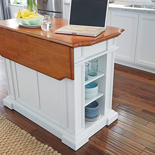 Homestyles Americana Kitchen Island with Wood Top and Drop Leaf Breakfast Bar, Storage with Drawers and Adjustable Shelves, 50 Inch Width, 49.75 inches, White and Oak