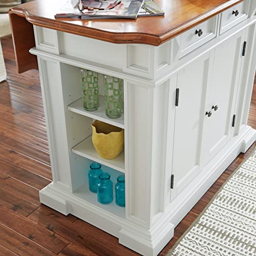 Homestyles Americana Kitchen Island with Wood Top and Drop Leaf Breakfast Bar, Storage with Drawers and Adjustable Shelves, 50 Inch Width, 49.75 inches, White and Oak