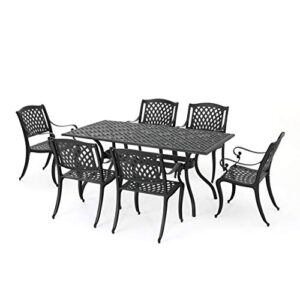 christopher knight home cayman outdoor 6-seater cast aluminum dining set, 7-pcs set, black sand