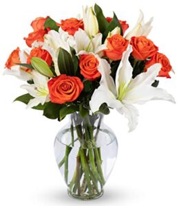 benchmark bouquets orange roses and white oriental lilies, with vase (fresh cut flowers)