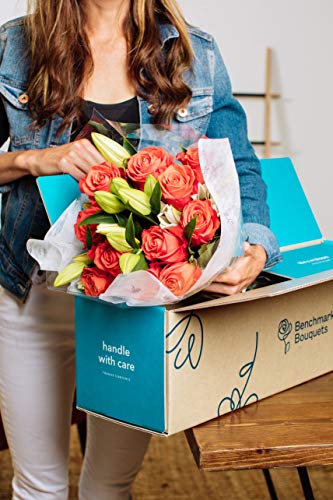 Benchmark Bouquets Orange Roses and White Oriental Lilies, With Vase (Fresh Cut Flowers)