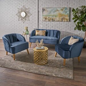 christopher knight home amaia modern velvet chat set, 3-pcs set, cobalt / walnut