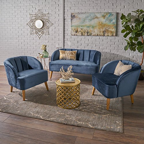 Christopher Knight Home Amaia Modern Velvet Chat Set, 3-Pcs Set, Cobalt / Walnut