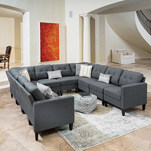 Christopher Knight Home Emmie Mid-Century Modern 10-Piece U-Shaped Sectional Sofa, Dark Grey / Dark Brown