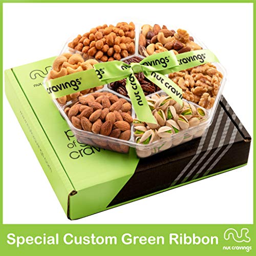 Mixed Nuts Gift Basket + Green Ribbon (7 Assortments) Purim Mishloach Manot Gourmet Food Bouquet Arrangement Platter, Birthday Care Package Tray, Healthy Kosher Snack Box, Her Him Women Men