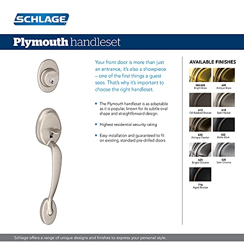 Schlage F60 V PLY 619 ACC Plymouth Front Entry Handleset with Accent Lever, Deadbolt Keyed 1 Side, Satin Nickel