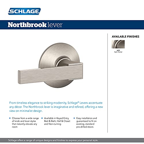 Schlage F10 NBK 619 ULD Northbrook Door Lever with Upland Trim, Hall & Closet Passage Lock, Satin Nickel