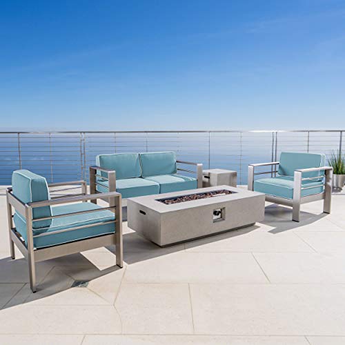 Christopher Knight Home Crested Bay Silver Aluminum Framed Chat Set with Water Resistant Cushions and Rectangular Fire Pit, 5-Pcs Set, Light Teal / White / Silver / Light Grey