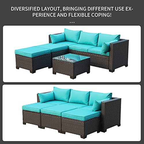 Outdoor PE Wicker Sofa Set 4-Piece 6-Seater Patio Garden Sectional Turquoise Cushions Seat Furniture Set, 2 L-Shaped Loveseats and Ottomans, Multi-Purpose Tempered Glass Coffee Table