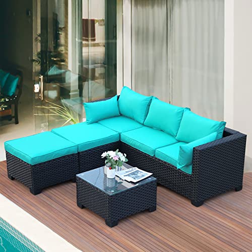 Outdoor PE Wicker Sofa Set 4-Piece 6-Seater Patio Garden Sectional Turquoise Cushions Seat Furniture Set, 2 L-Shaped Loveseats and Ottomans, Multi-Purpose Tempered Glass Coffee Table