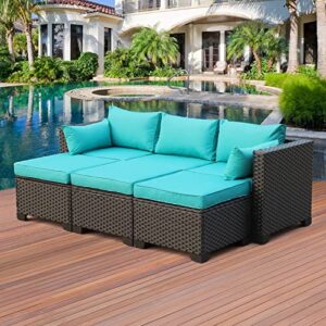 Outdoor PE Wicker Sofa Set 4-Piece 6-Seater Patio Garden Sectional Turquoise Cushions Seat Furniture Set, 2 L-Shaped Loveseats and Ottomans, Multi-Purpose Tempered Glass Coffee Table