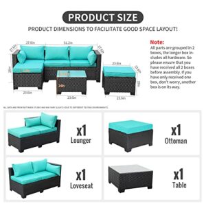 Outdoor PE Wicker Sofa Set 4-Piece 6-Seater Patio Garden Sectional Turquoise Cushions Seat Furniture Set, 2 L-Shaped Loveseats and Ottomans, Multi-Purpose Tempered Glass Coffee Table