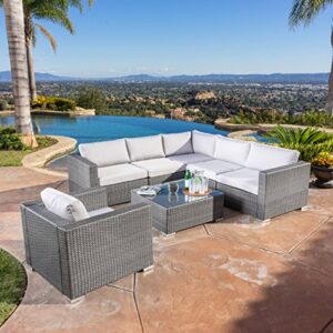 christopher knight home santa rosa outdoor wicker 6-seater sectional sofa set with aluminum frame and water resistant cushions, 7-pcs set, grey / silver grey