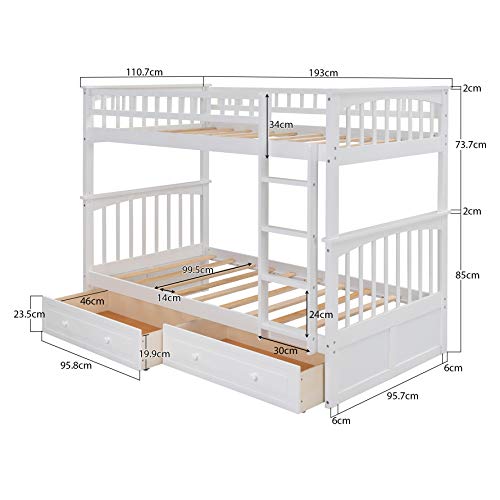 Harper & Bright Designs Bunk Beds Twin Over Twin, Twin Bunk Bed with Sotrage Drawers , Wooden Bunk Bed with Safety Rail Ladder,Can be Convertible to 2 Beds,White