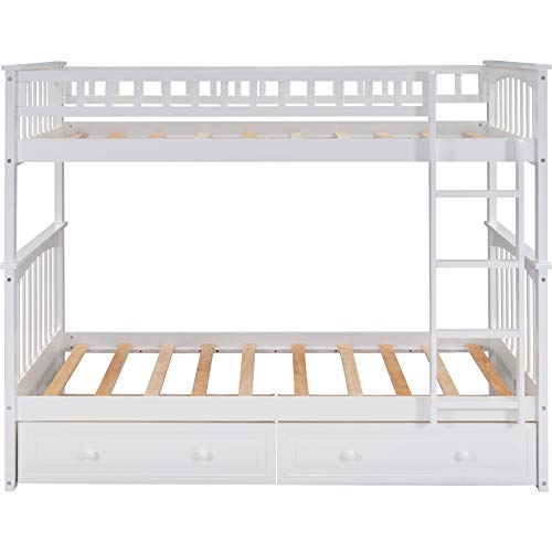 Harper & Bright Designs Bunk Beds Twin Over Twin, Twin Bunk Bed with Sotrage Drawers , Wooden Bunk Bed with Safety Rail Ladder,Can be Convertible to 2 Beds,White