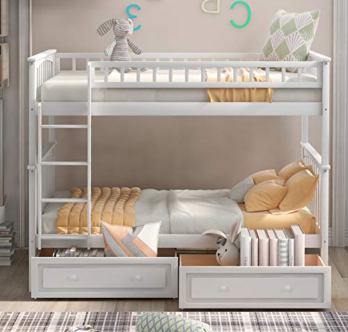 Harper & Bright Designs Bunk Beds Twin Over Twin, Twin Bunk Bed with Sotrage Drawers , Wooden Bunk Bed with Safety Rail Ladder,Can be Convertible to 2 Beds,White