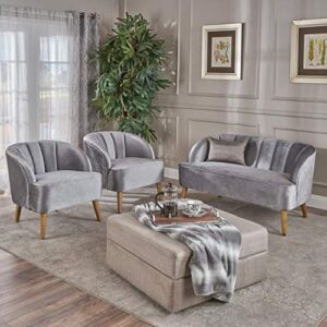 Christopher Knight Home Amaia Modern Velvet Chat Set, 3-Pcs Set, Pewter / Walnut