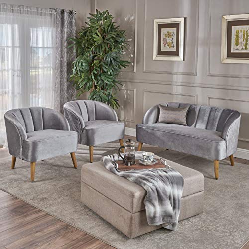 Christopher Knight Home Amaia Modern Velvet Chat Set, 3-Pcs Set, Pewter / Walnut