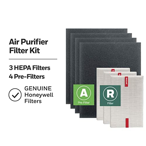 Honeywell HEPA Air Purifier Filter Kit – Includes 3 HEPA R Replacement Filters and 4 A Carbon Pre-Cut Pre-Filters – Airborne Allergen Air Filter Targets Wildfire/Smoke, Pollen, Pet Dander, and Dust