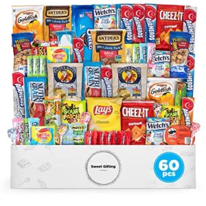 snack box variety pack care package (60 count) kids, teens, adults, men, women, college student, christmas gift basket snackbox, office sampler, stocking stuffers, candy food cookies chips arrangement, sweet gifting