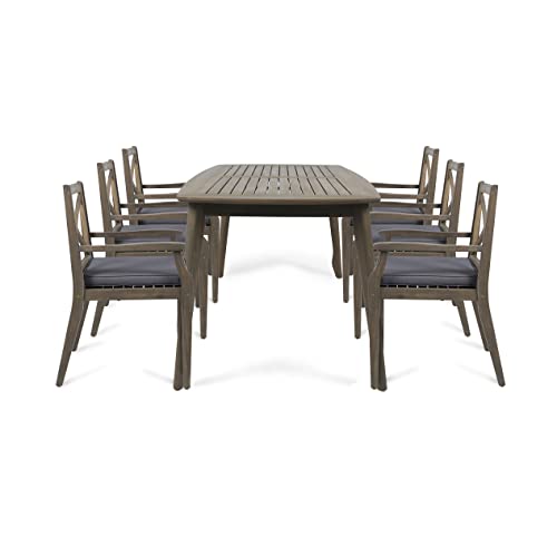 Christopher Knight Home Harvey Outdoor 7 Piece Acacia Wood Dining Set, Gray Finish/Gray Finish/Dark Gray