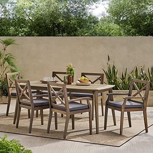 Christopher Knight Home Harvey Outdoor 7 Piece Acacia Wood Dining Set, Gray Finish/Gray Finish/Dark Gray