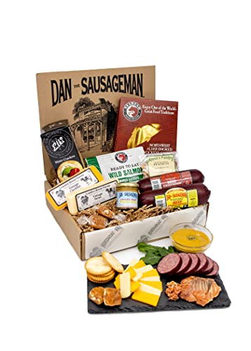 Dan the Sausageman's Pacific Northwest Gourmet Gift Basket Ready to Eat Alder Salmon, Smoked Beef Summer Sausages, Sockeye Salmon, Cheddar and Swiss Cheeses- Great for Hiking, Travel, Road Trips