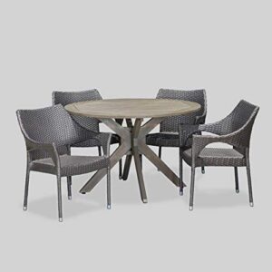 christopher knight home lina outdoor 5 piece wood and wicker dining set, gray finish/gray