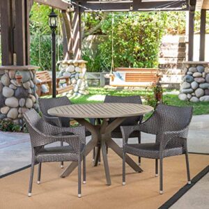 Christopher Knight Home Lina Outdoor 5 Piece Wood and Wicker Dining Set, Gray Finish/Gray