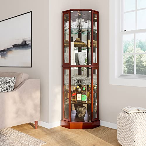 BELLEZE Lighted Corner Display Curio Cabinet Wooden Curved Shelving Unit with Tempered Glass Door, Bar and Liquor Storage Area with 6 Shelves - Ashfield (Walnut)