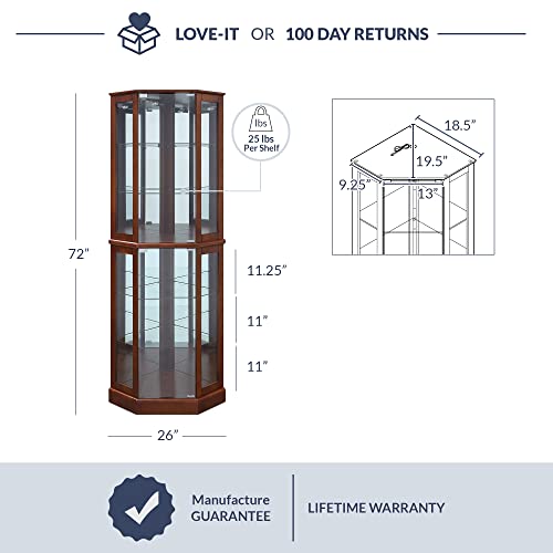 BELLEZE Lighted Corner Display Curio Cabinet Wooden Curved Shelving Unit with Tempered Glass Door, Bar and Liquor Storage Area with 6 Shelves - Ashfield (Walnut)