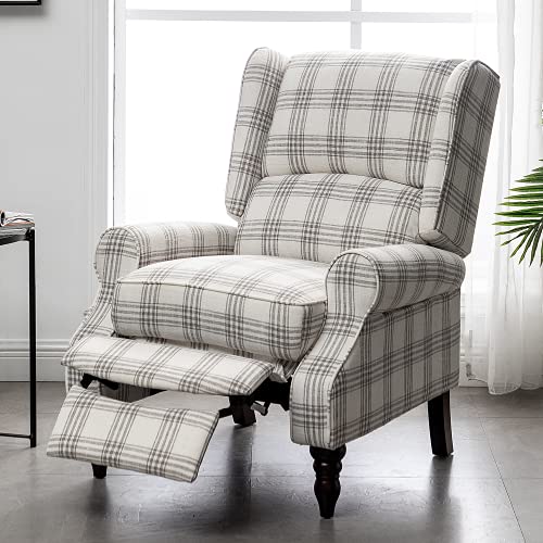 MELLCOM Upholstered Wingback Massage Recliner Chair,Traditional Push Back Recliner with Padded Seat,Mid Century Modern Lounge Chair Armchair with Wired Remote for Living Room Bedroom,Beige Plaid