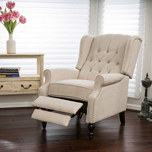 CHRISTOPHER KNIGHT HOME GDF Studio Elizabeth Tufted Fabric Recliner, Vintage Reclining Reading Armchair, Light Beige