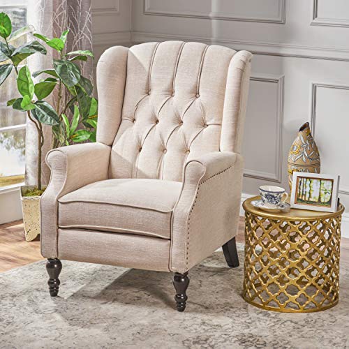 CHRISTOPHER KNIGHT HOME GDF Studio Elizabeth Tufted Fabric Recliner, Vintage Reclining Reading Armchair, Light Beige