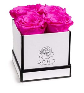 soho floral arts | roses in a box | genuine roses that last for years (white square 4ct, radiant pink) | mothers day gifts